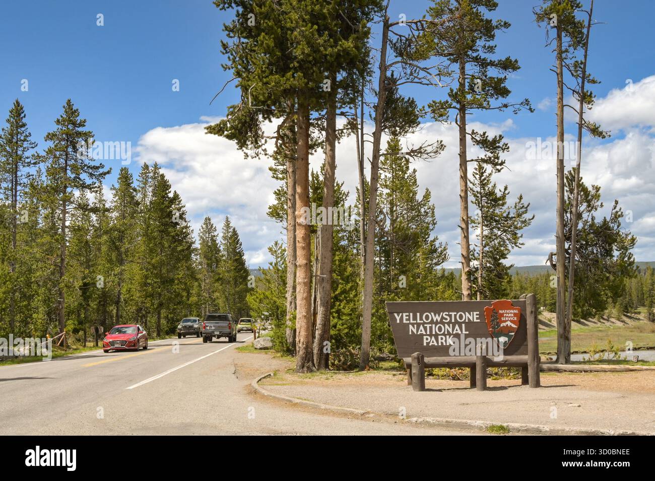 Yellowstone, Wyoming, USA - 28 May 2025: Sign at the roadside at the ...