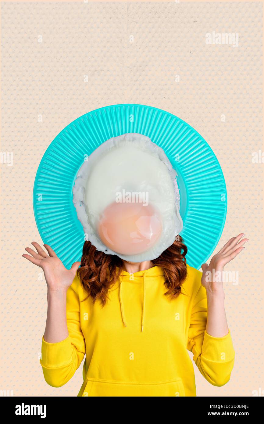 Surreal breakfast-themed collage human head replaced by fried egg plate as funny healthy eating ...