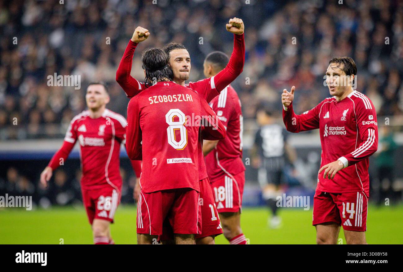 Frankfurt, Germany. 22nd Oct 2025. . Goal celebration: Dominik Szoboszlai (Liverpool) Curtis ...