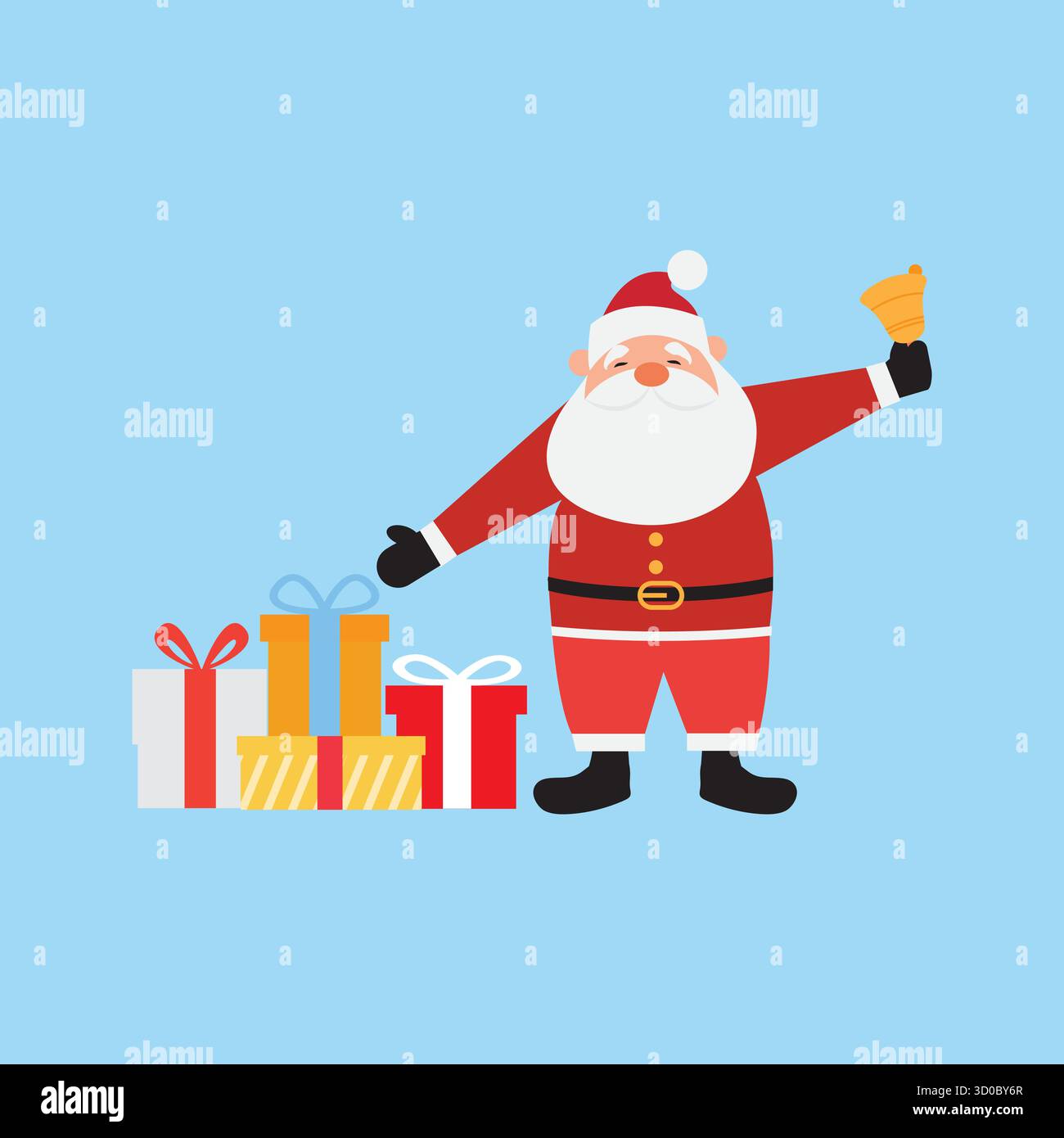 Vector cartoon illustration of friendly smiling Santa Claus ringing a ...