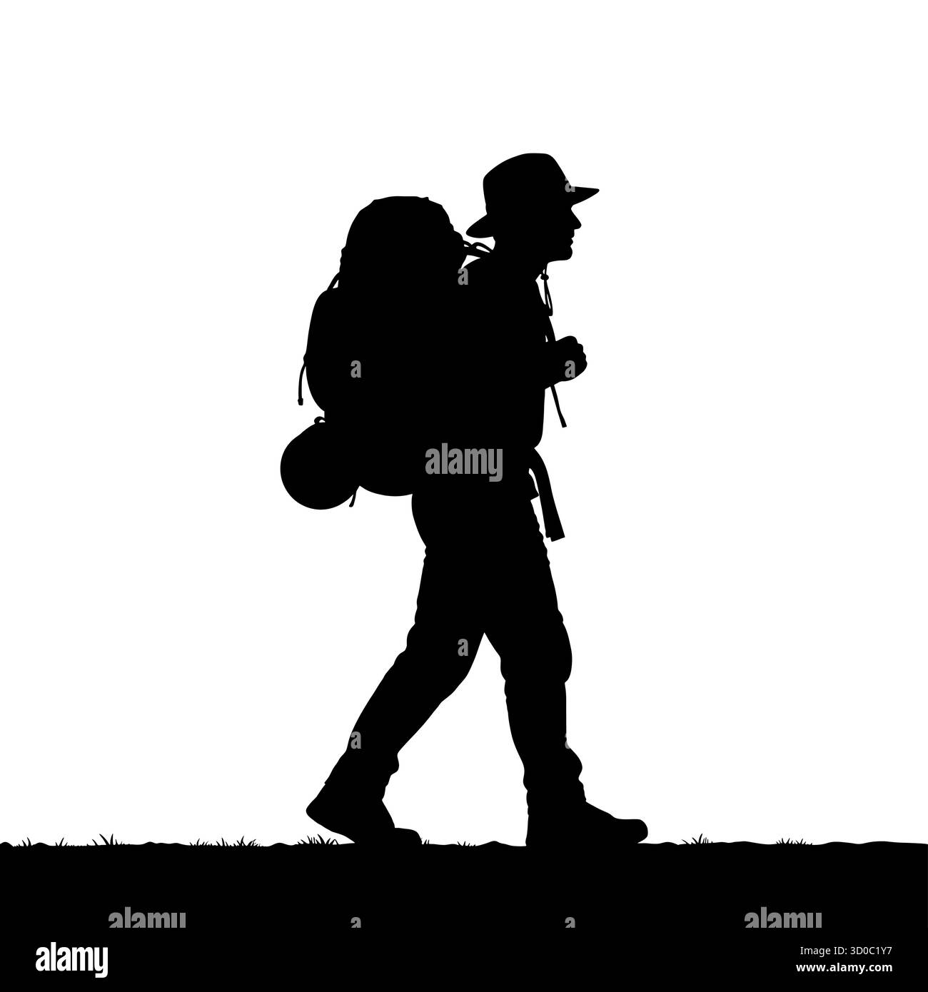 Silhouette of male adventurer hiking with backpack and hat Stock Vector ...