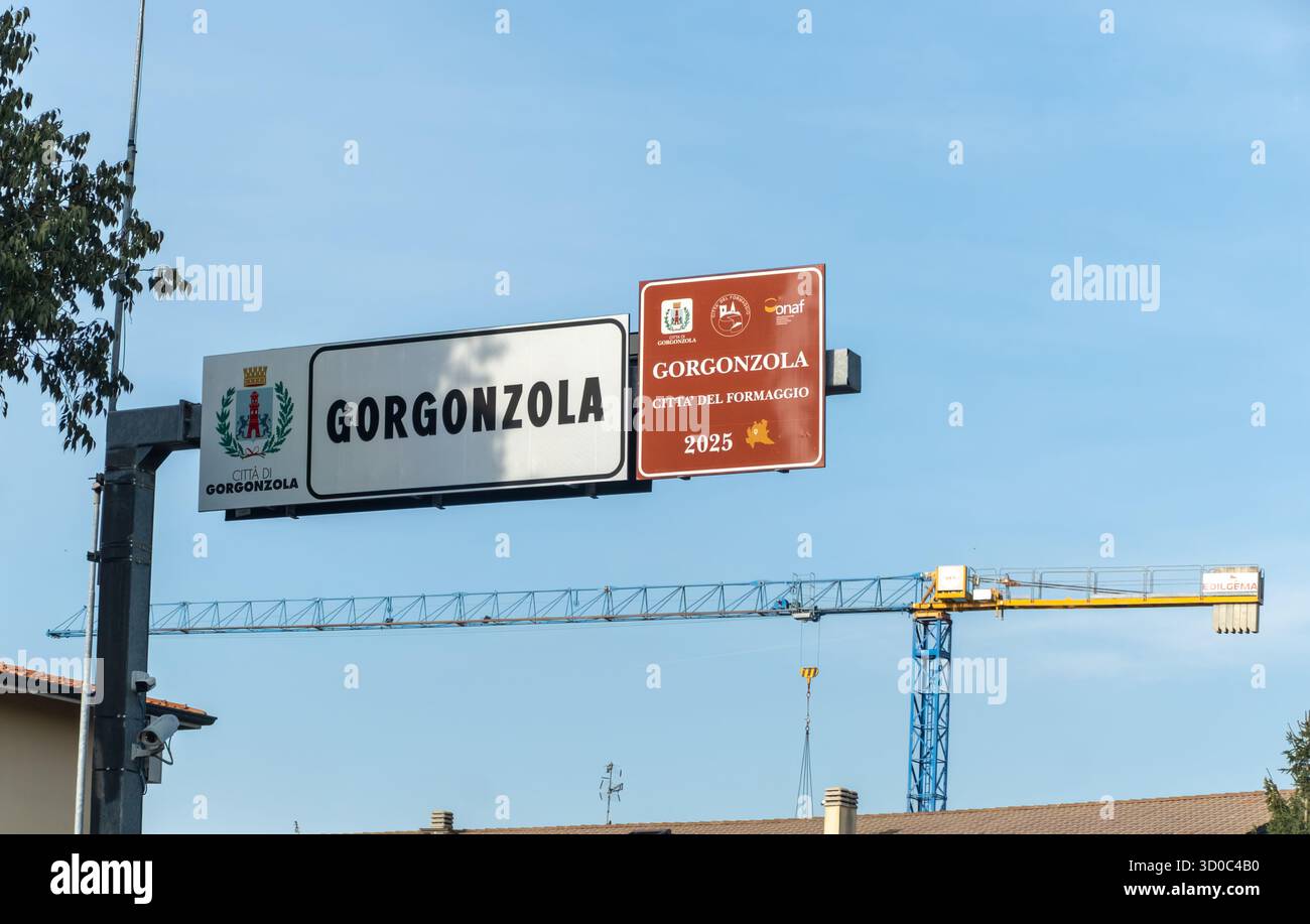 Driving car on highway near Milan, road signs, directions, traffic jam ...