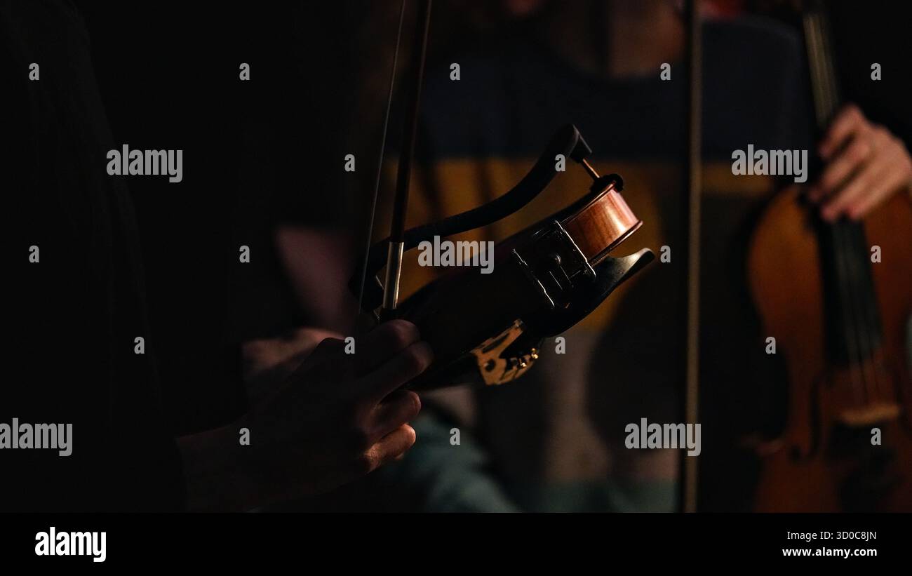 Violin scroll and tuning pegs in focus with blurred orchestra musicians ...