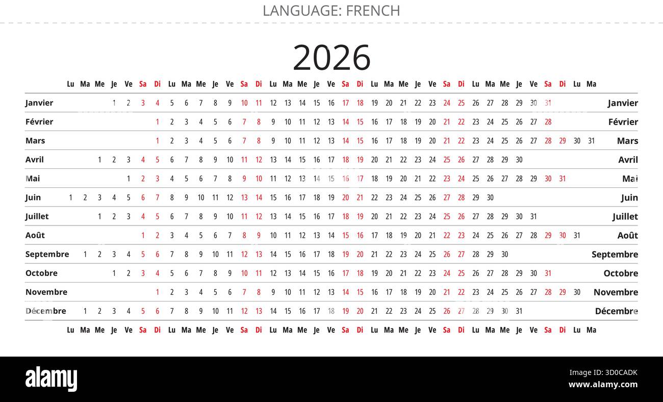 Simple 2026 french planner linear calendar with simple design for ...