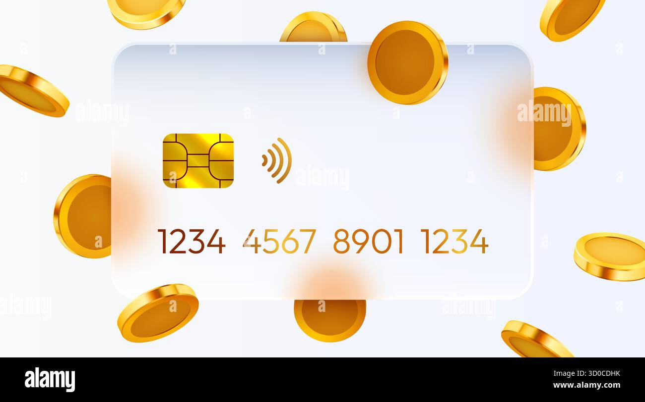 Modern Glass Credit Card with Golden Coins. Concept for digital banking ...