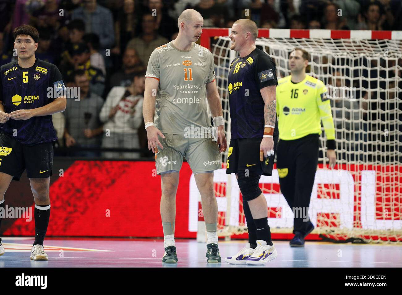 Simon Hald JENSEN of Aalborg Handbold and Matj GABER of HBC Nantes ...