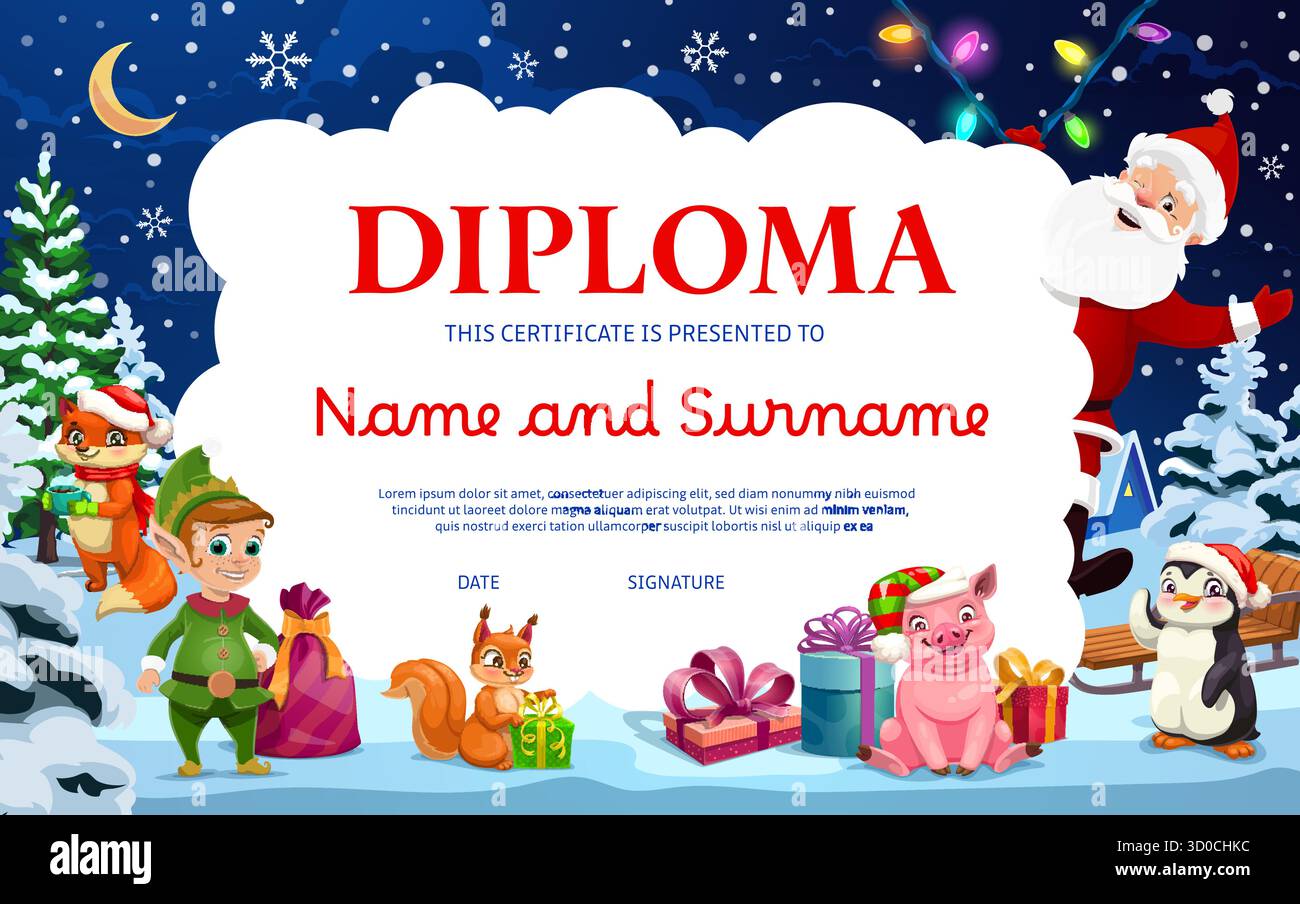 Christmas diploma certificate for winter holidays. Vector template with ...