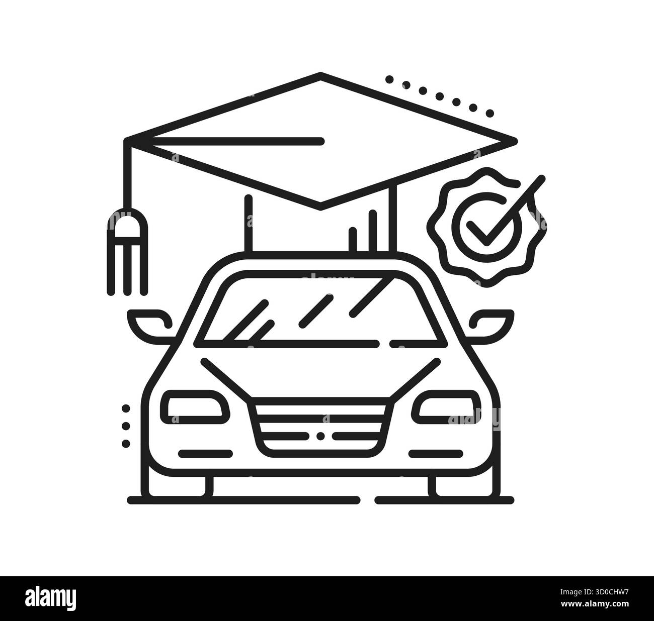 Driving school icon of car exam pass and graduate cap for drive ...