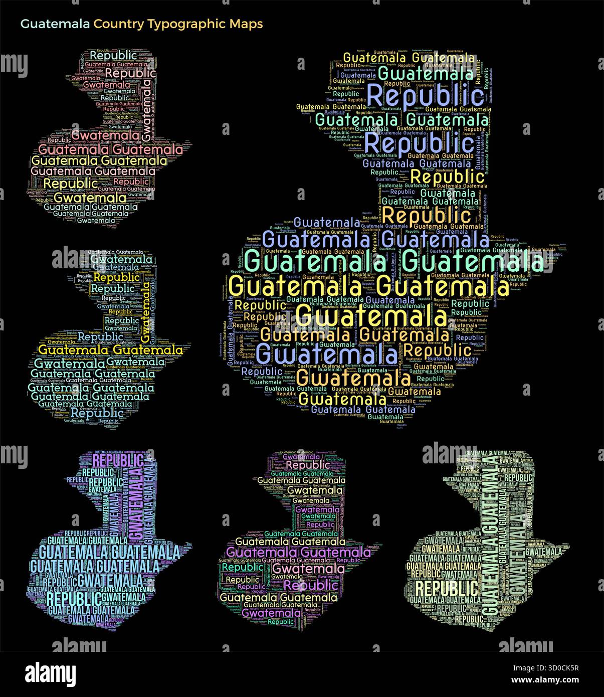 Guatemala. Set of typography style country illustrations. Guatemala map ...