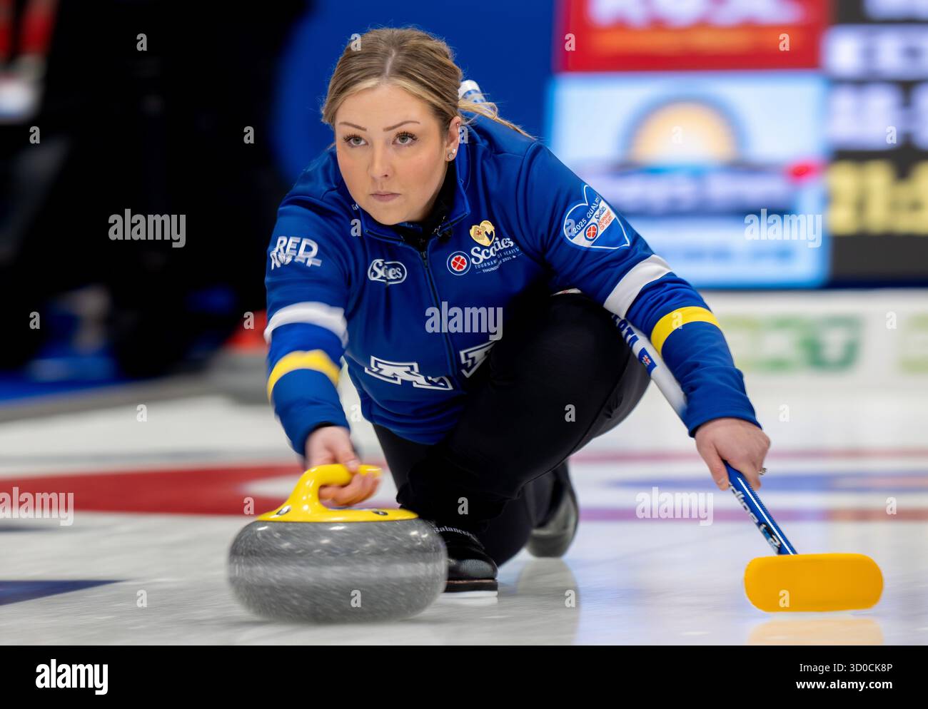 Alberta skip Selena Sturmay delivers a rock during Scotties Tournament ...