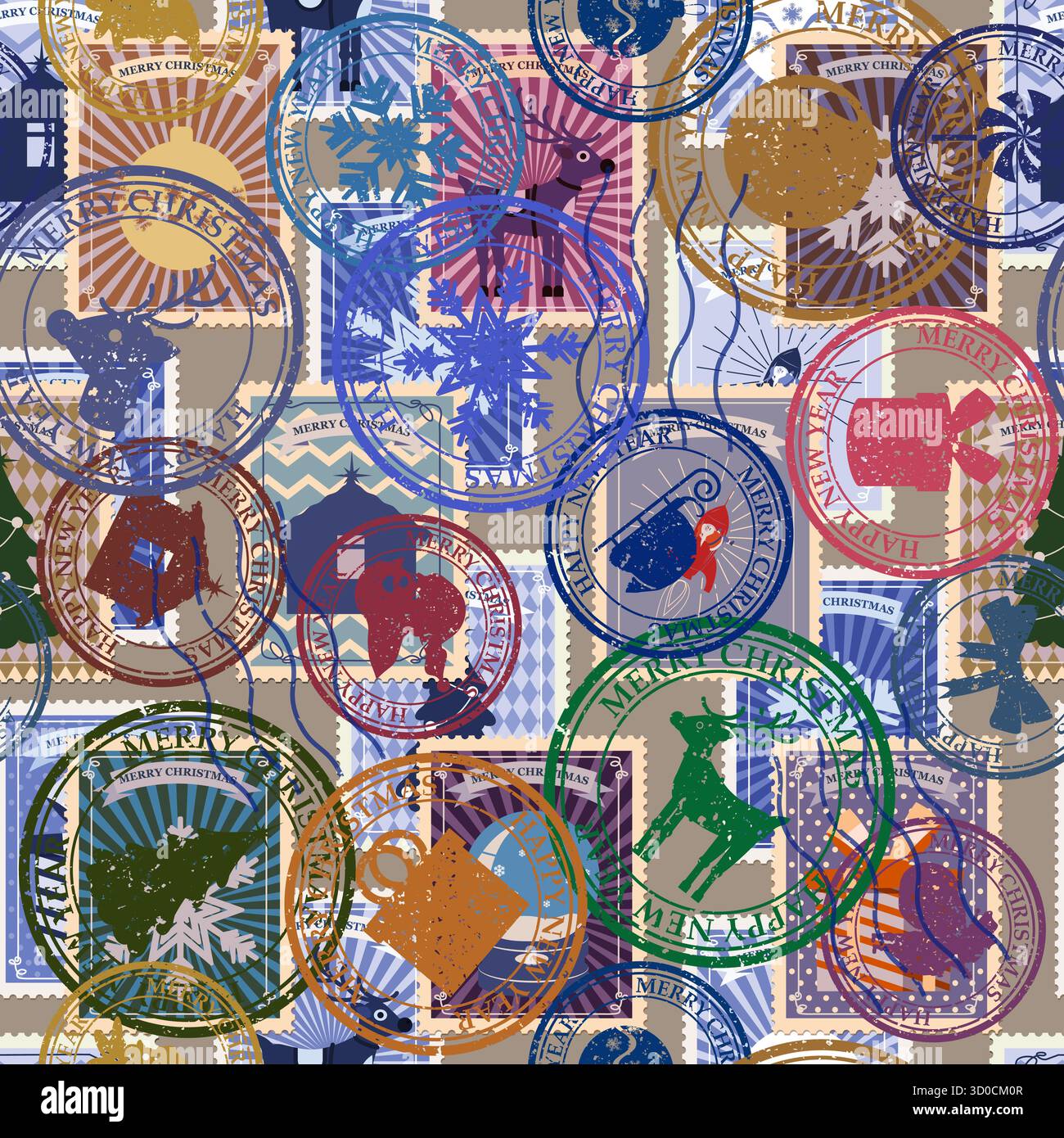 Retro postal stamp seamless pattern Christmas old postage stamps Stock ...