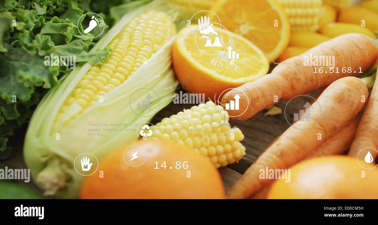 Displaying corn carrots oranges lettuce on wooden table, with overlay ...