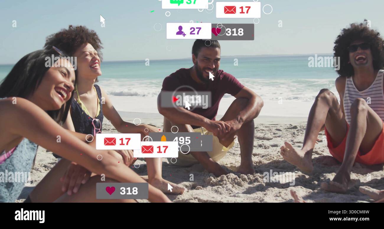 Laughing four friends interacting with floating notification icons on ...
