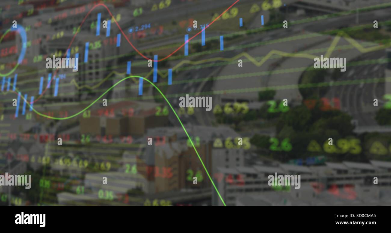 Displaying financial overlay on cityscape, with line charts ...