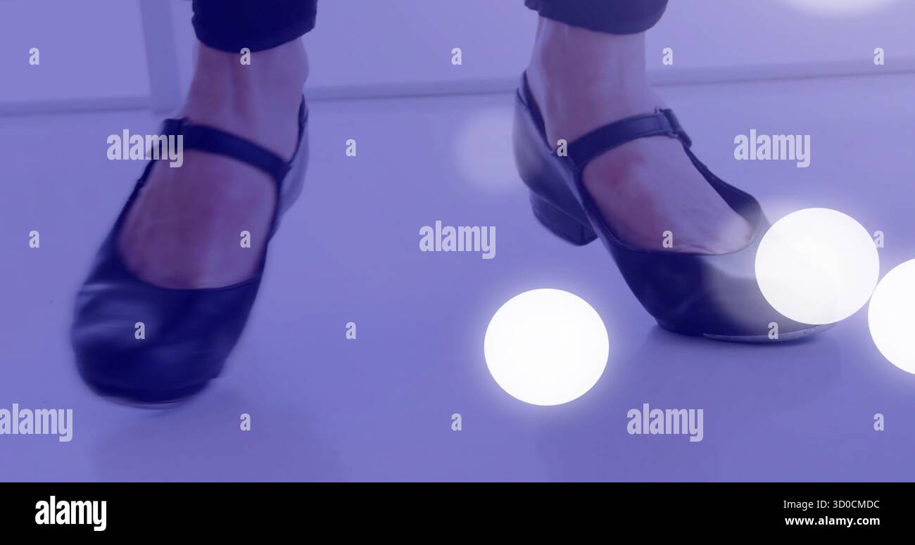 Moving dancer's feet wearing black Mary Jane shoes sliding on purple ...