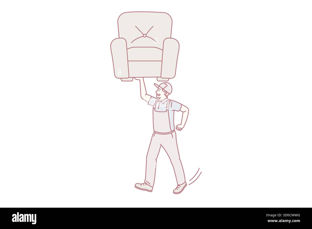 Happy man porter in workwear carry chair engaged in moving or ...