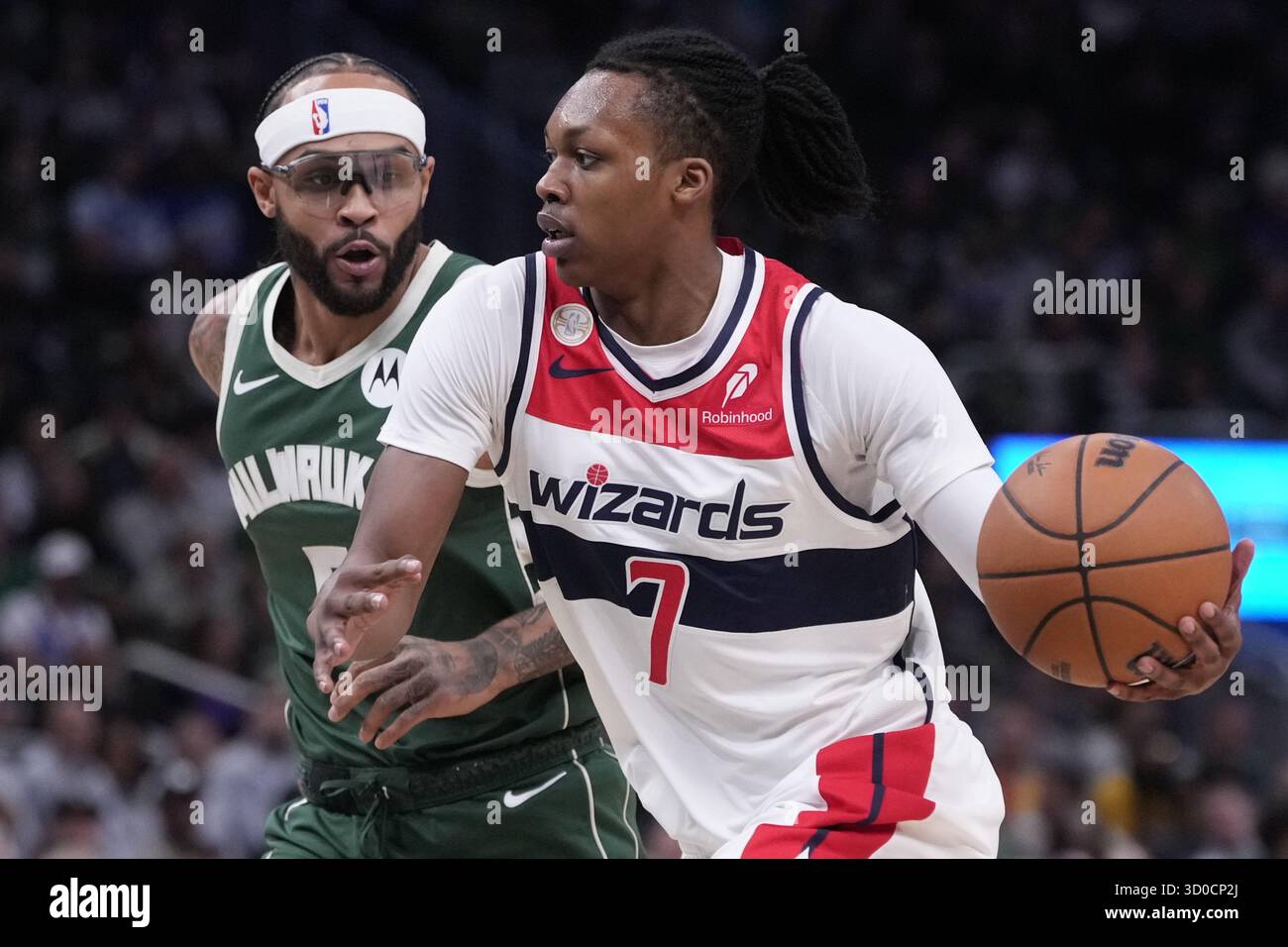Washington Wizards' Bub Carrington tries to get by Milwaukee Bucks ...