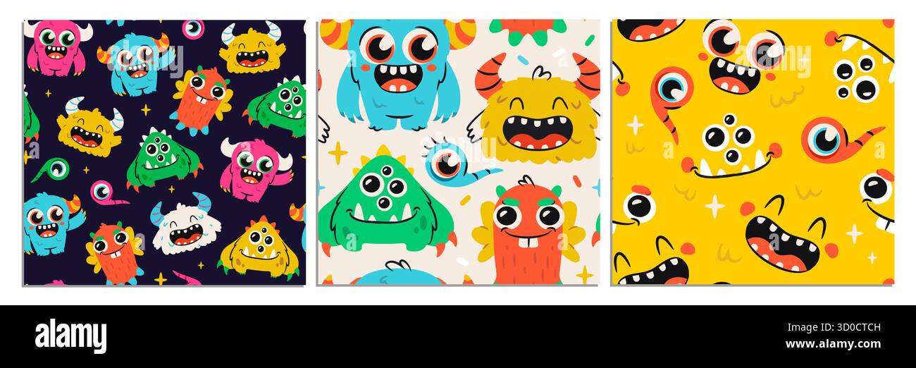 Set of seamless patterns with monsters. Repeating ornaments with ...