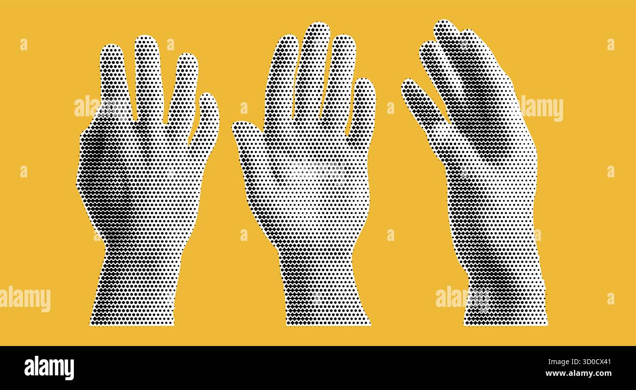 Yellow Hand Collage Art. A halftone finger hold with a woman and white ...