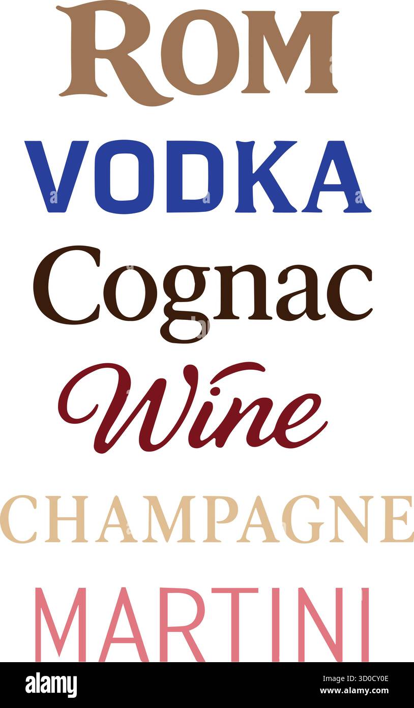 Labels with the names of drinks on a white background. Different fonts ...
