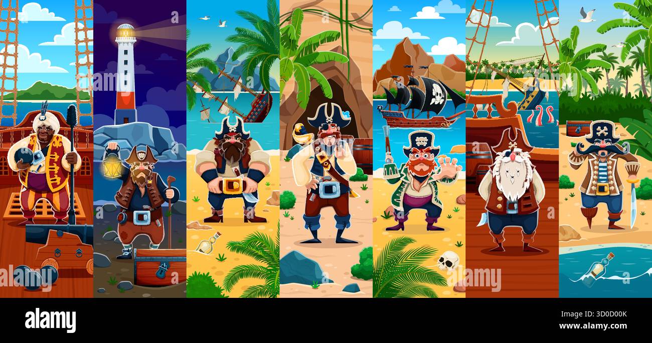 Caribbean and African pirate characters collage on corsair ship ...