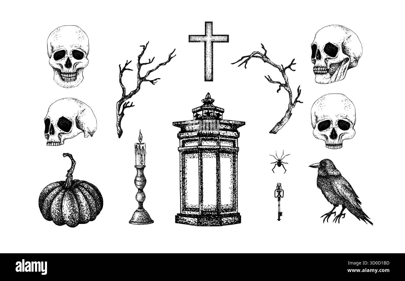 Halloween set pumpkin, skulls, crow, vintage lantern and candelabrum ...