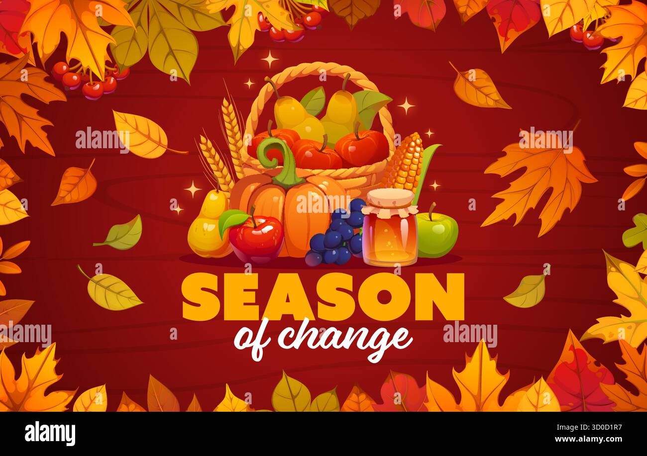 Autumn season vector greeting card with harvest wicker basket of apples ...