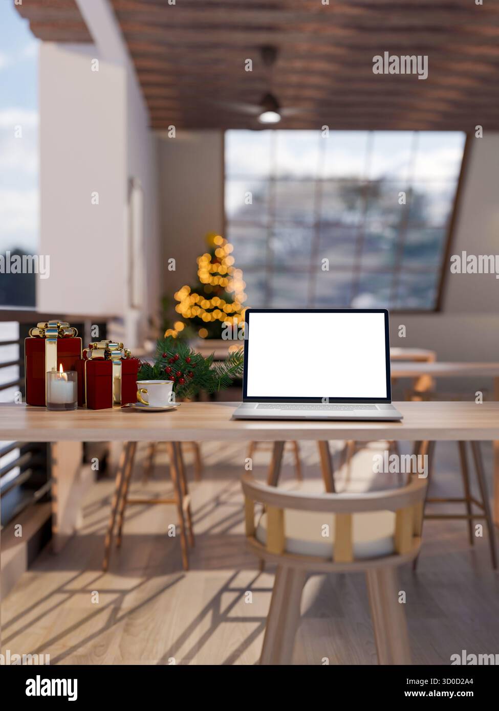 Blank screen laptop and coffee aside gift box on wooden counter table ...