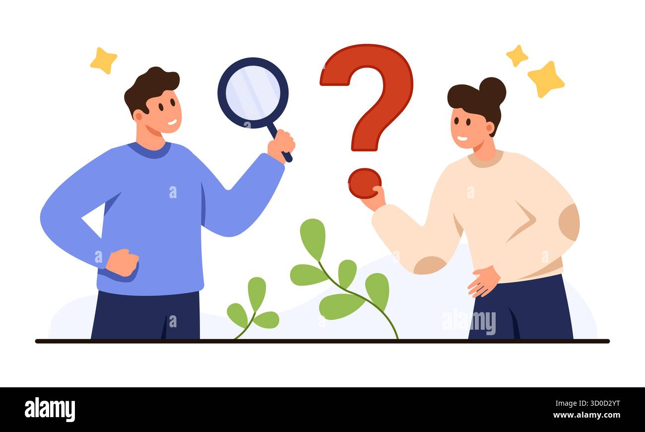 Two people collaborating with magnifying glass and question mark ...