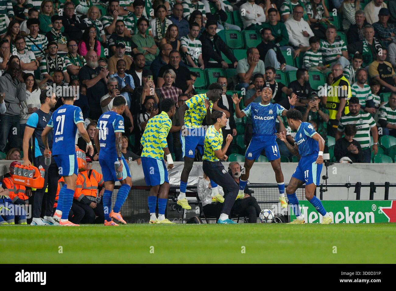Olympique de Marseille players celebrate a goal during UEFA Champions ...