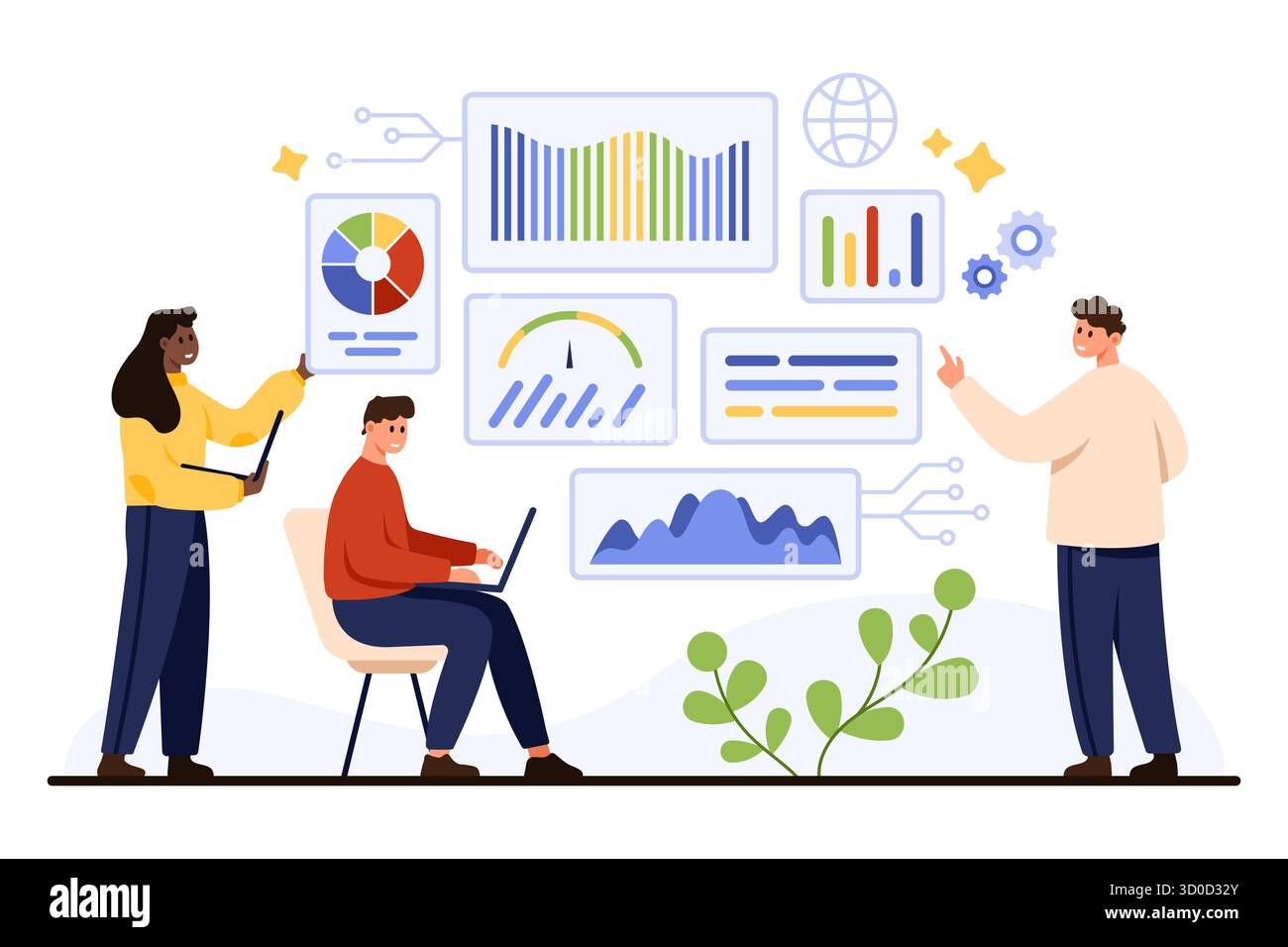 Team of backend developers collaborating on data analytics, charts, and dashboard interface for ...