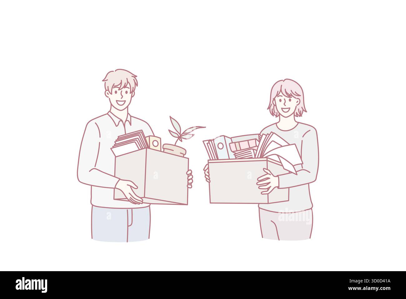 Smiling diverse employees with boxes with personal belongings settle at ...