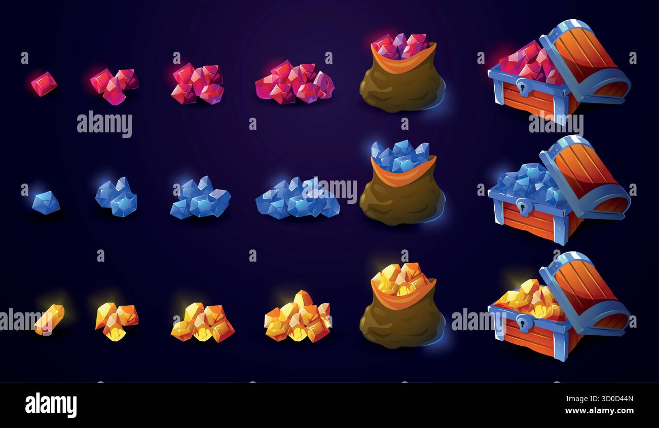 Treasure chest. Cartoon crystal pile rewards, fantasy wooden chest with ...