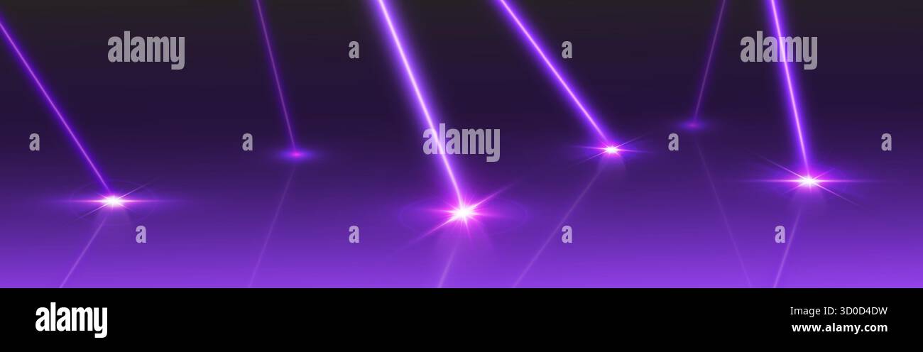 Purple laser beam light rays with bright sparkle points on dark ...