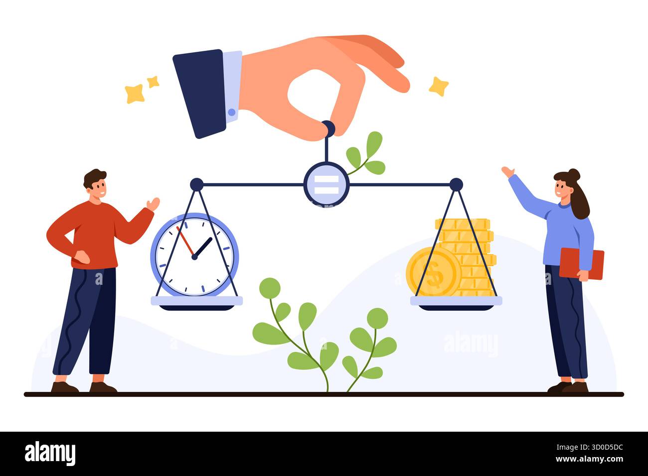 Business people comparing time and money on balanced scales, large hand ...