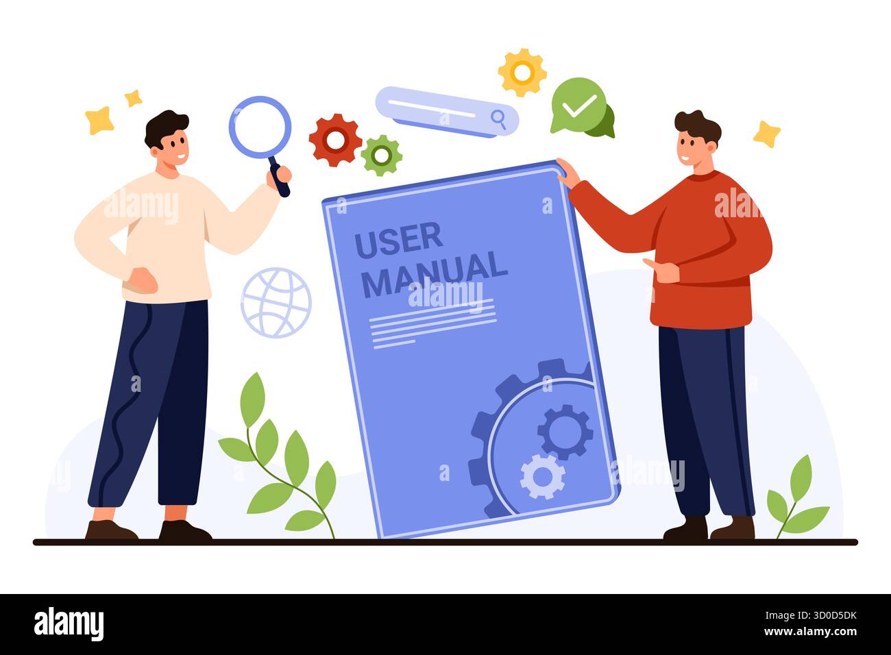 Two people examining large user manual with magnifying glass, gears ...