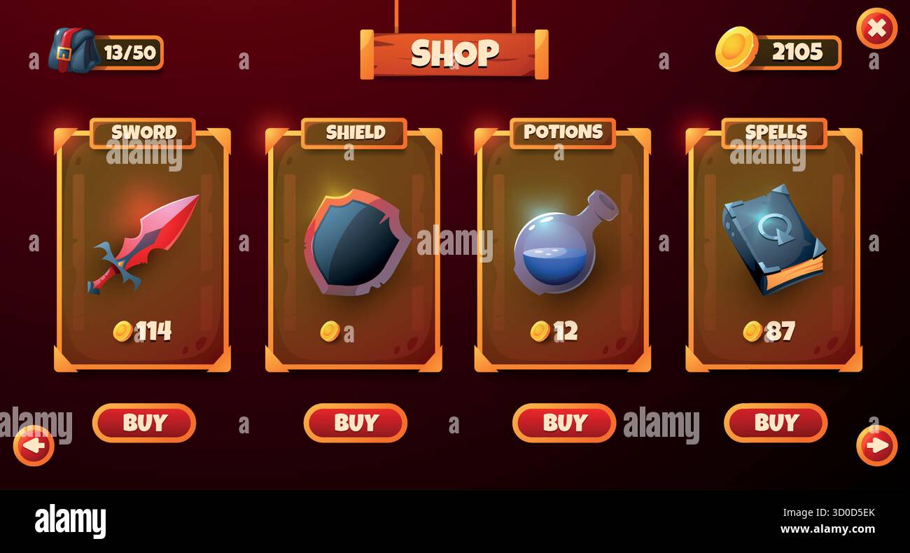 Game shop UI. Wooden frame game store panel with buttons for mobile ...