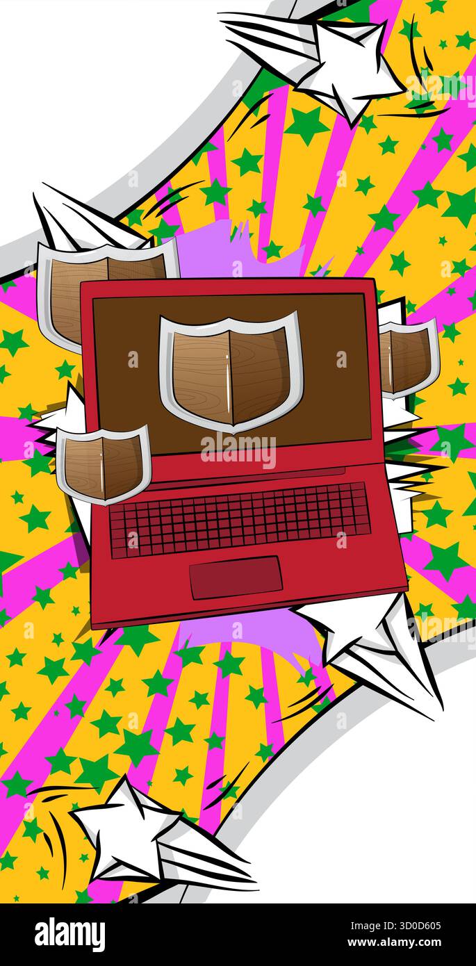 Cartoon Laptop, comic book Notebook with Shield. Retro vector comics ...