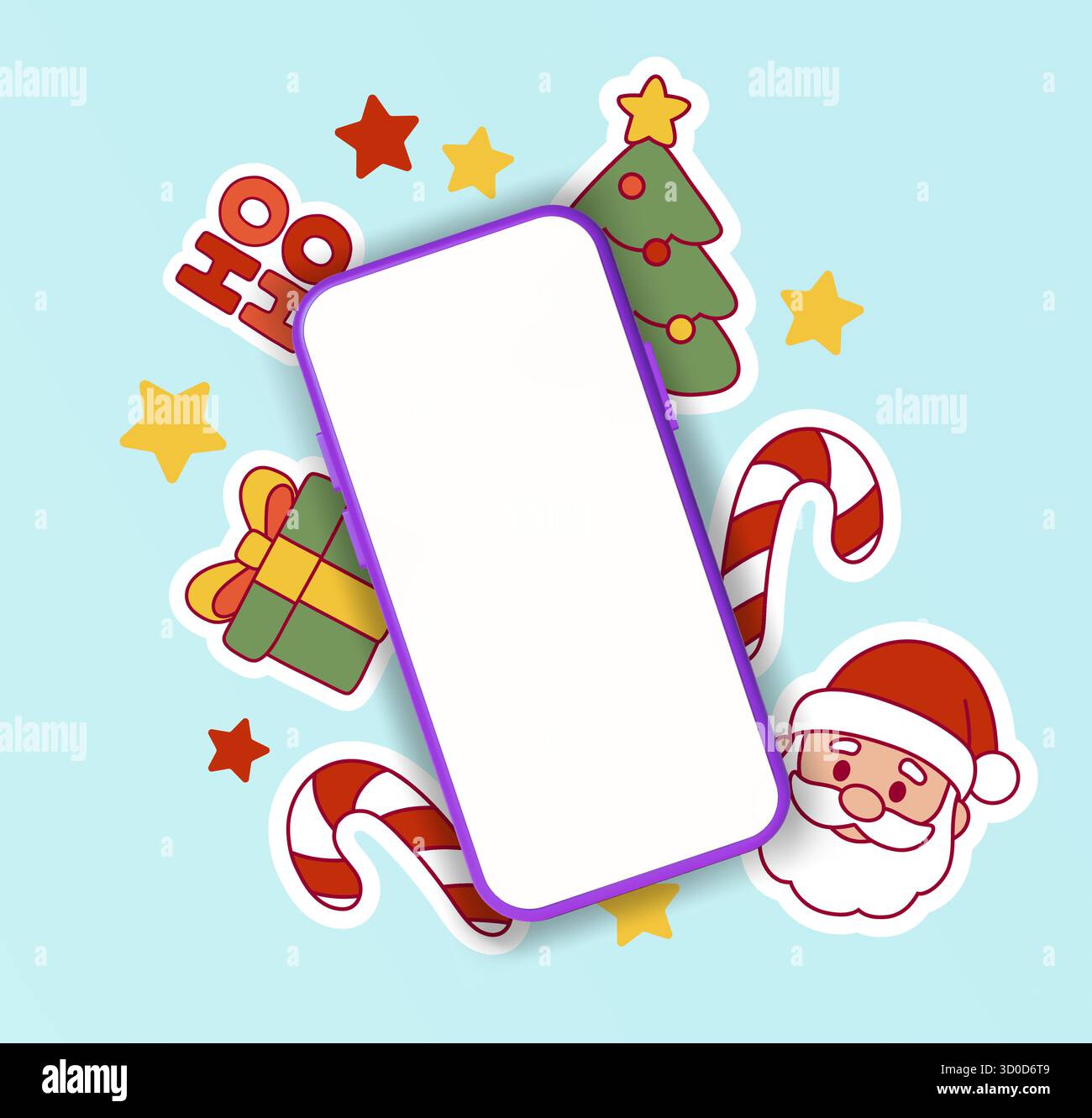 Christmas smartphone mockup with festive stickers. Cute cartoon Santa ...
