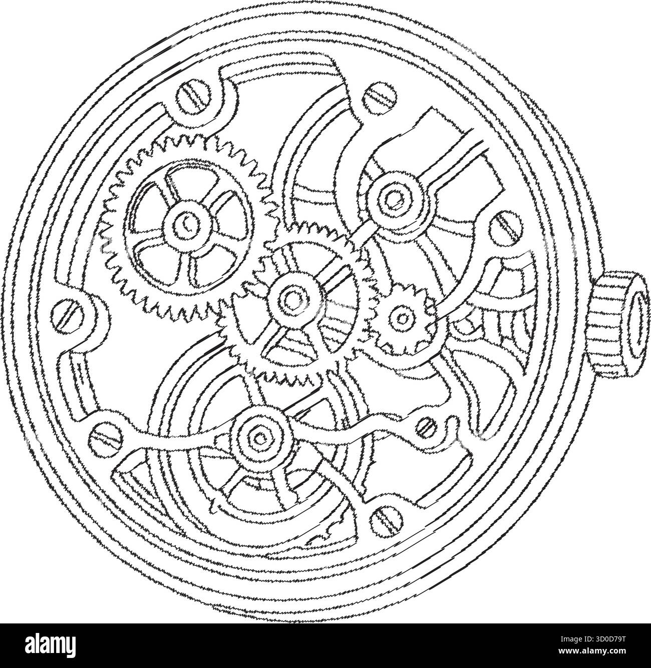 A circular watch back reveals intricate gears springs and cogs arranged ...