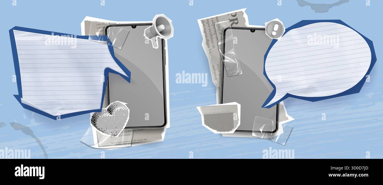 Phone mockups with paper speech bubbles and lined notebook elements for ...