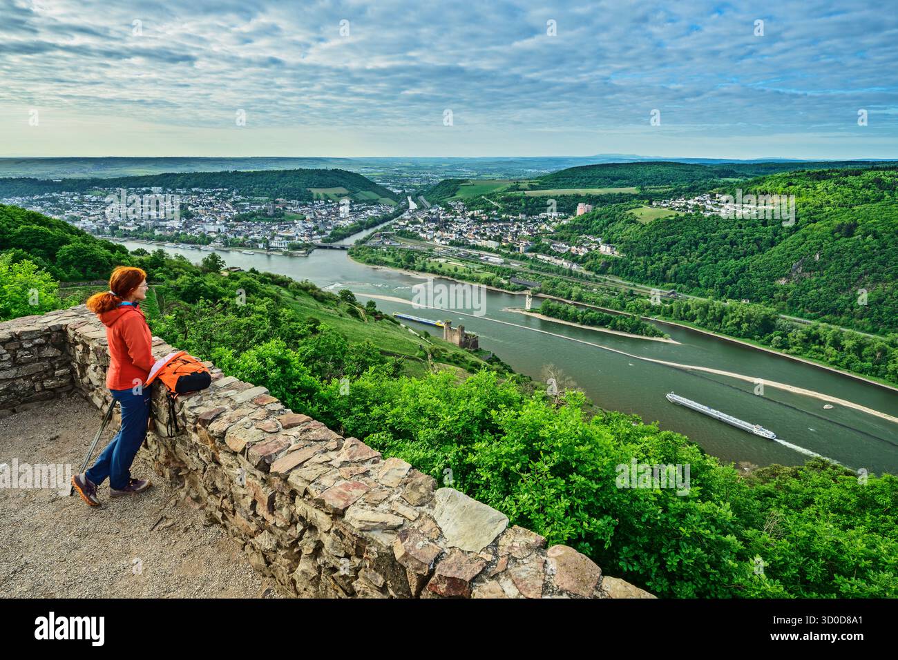 Woman hiking on the Rheinsteig trail, looking at Ehrenfels Castle and ...