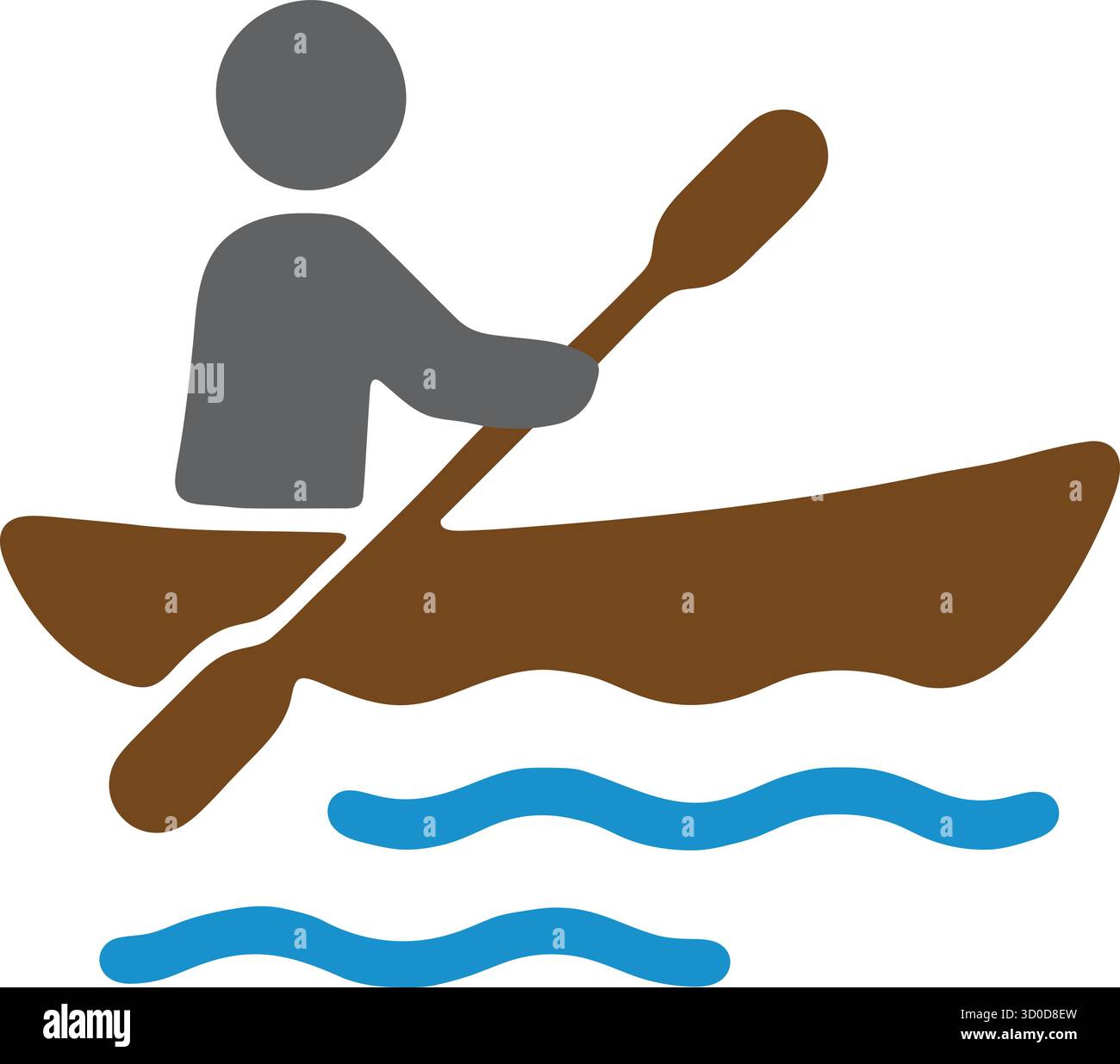 A black figure rows a brown canoe across stylized blue waves ...