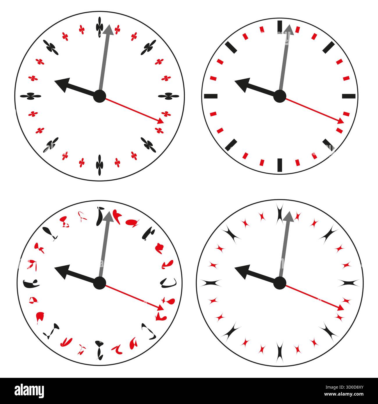 Analog clock faces. Time measurement symbols. Red black Vector dial set ...