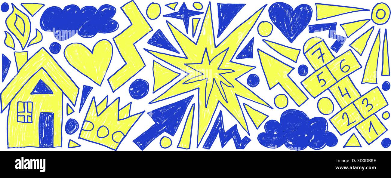 Kids fun elements neon crayon drawn set. Blue and yellow house ...