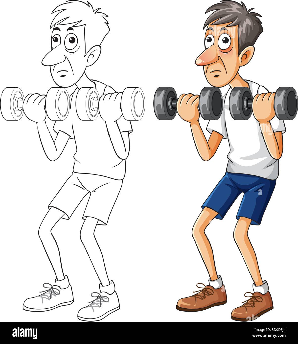 Skinny cartoon man lifting dumbbells, shown in both colored and black ...
