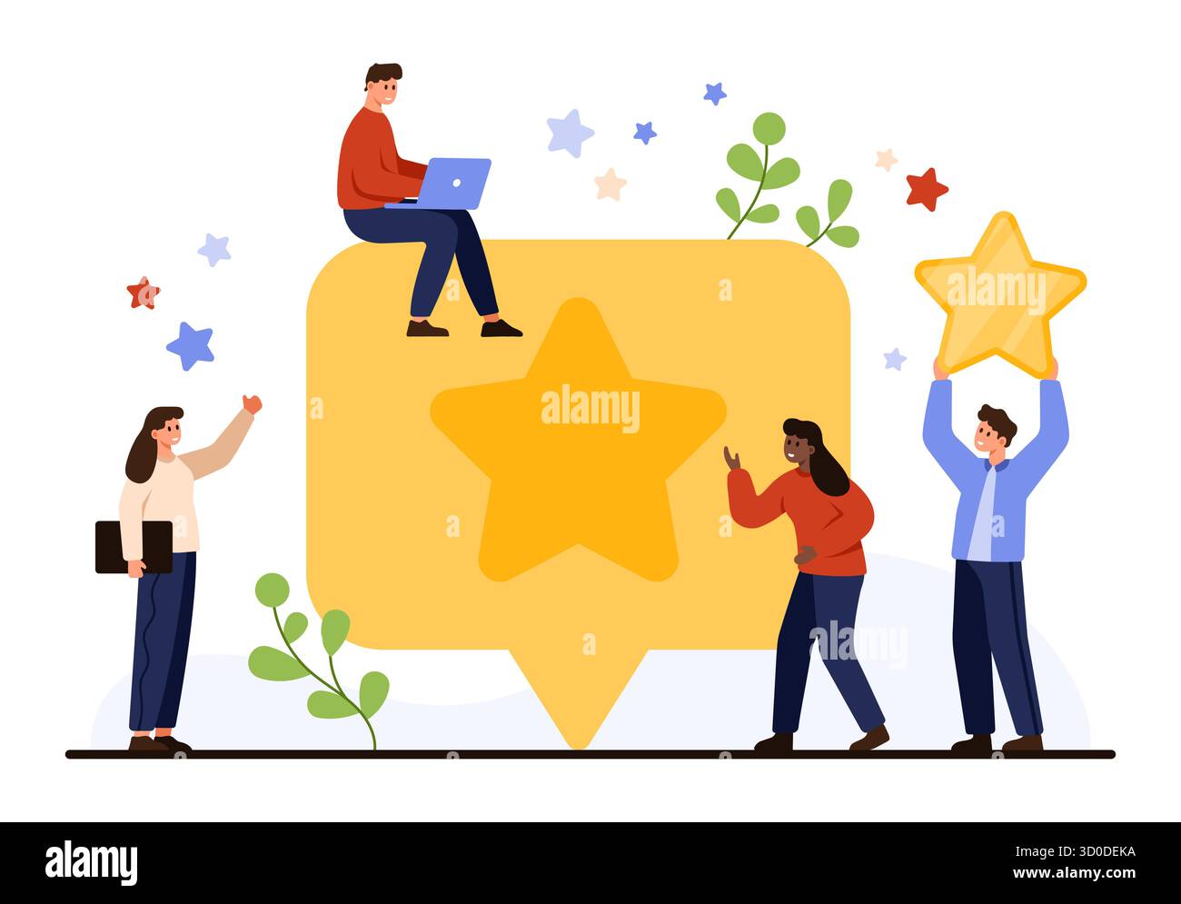 Group of people collaborating around a large yellow star, representing ...