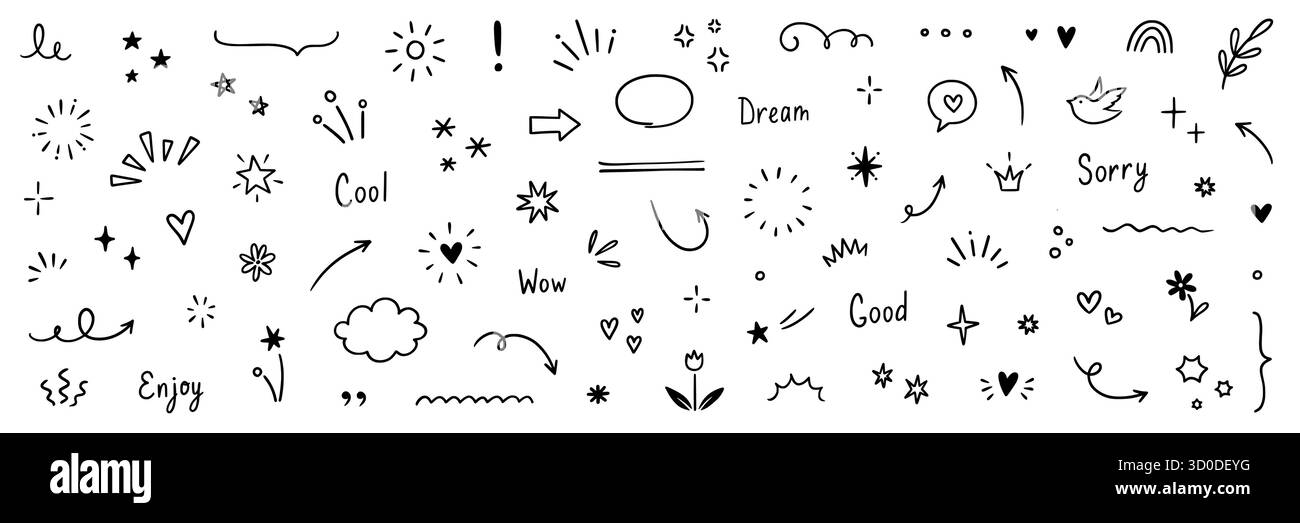 Doodle line arrow, star, heart icon elements. Hand drawn sketch heart ...