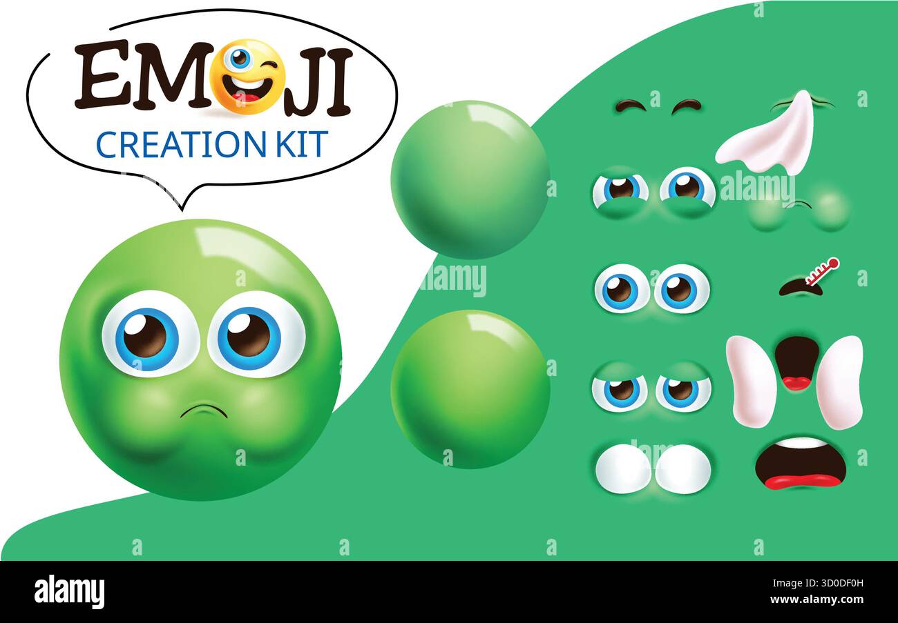 Emoji sick creation kit clipart set. Green emoji face creation editable ...