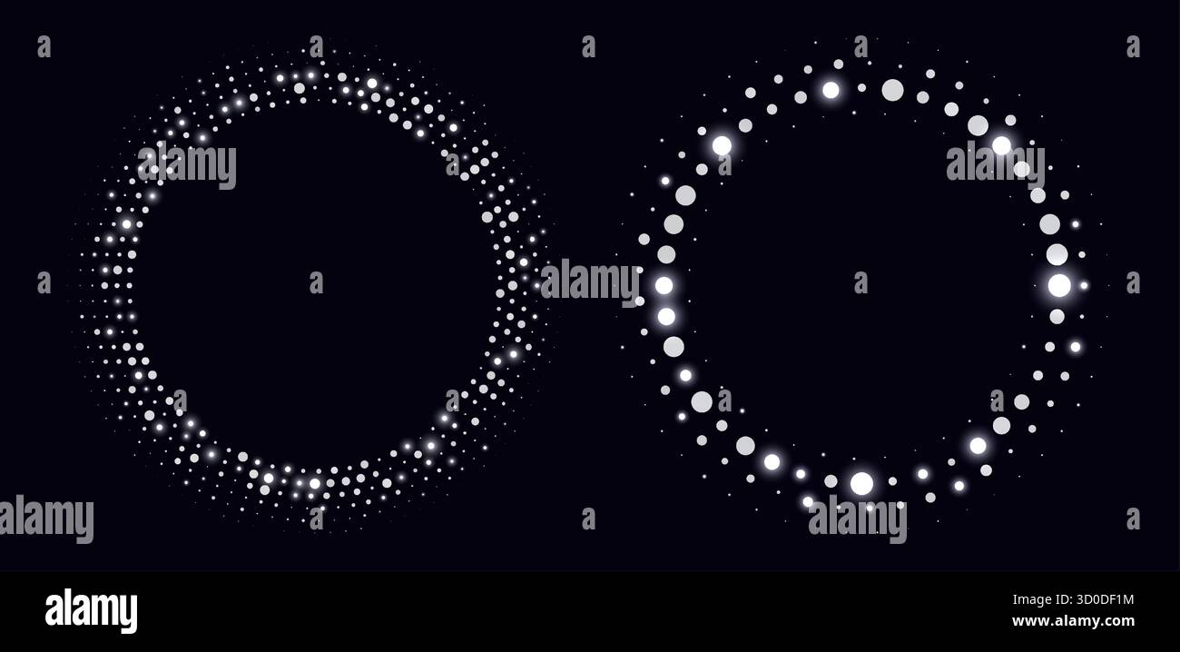 Silver halftone frames, glowing circle borders, round pattern with dots ...